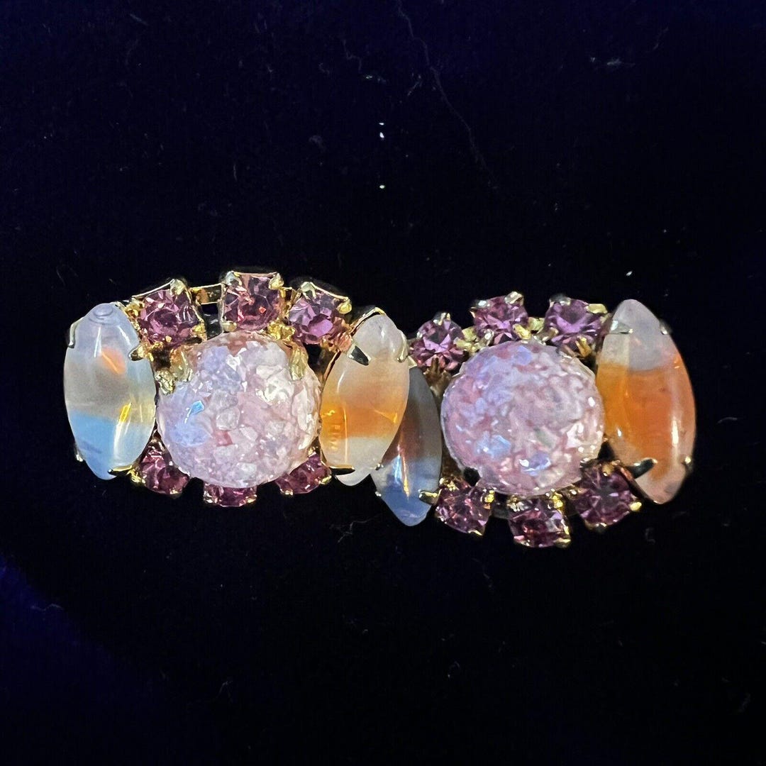 Vintage Pink Glitter Confetti Givre and Rhinestone Clip Ons Earrings ...