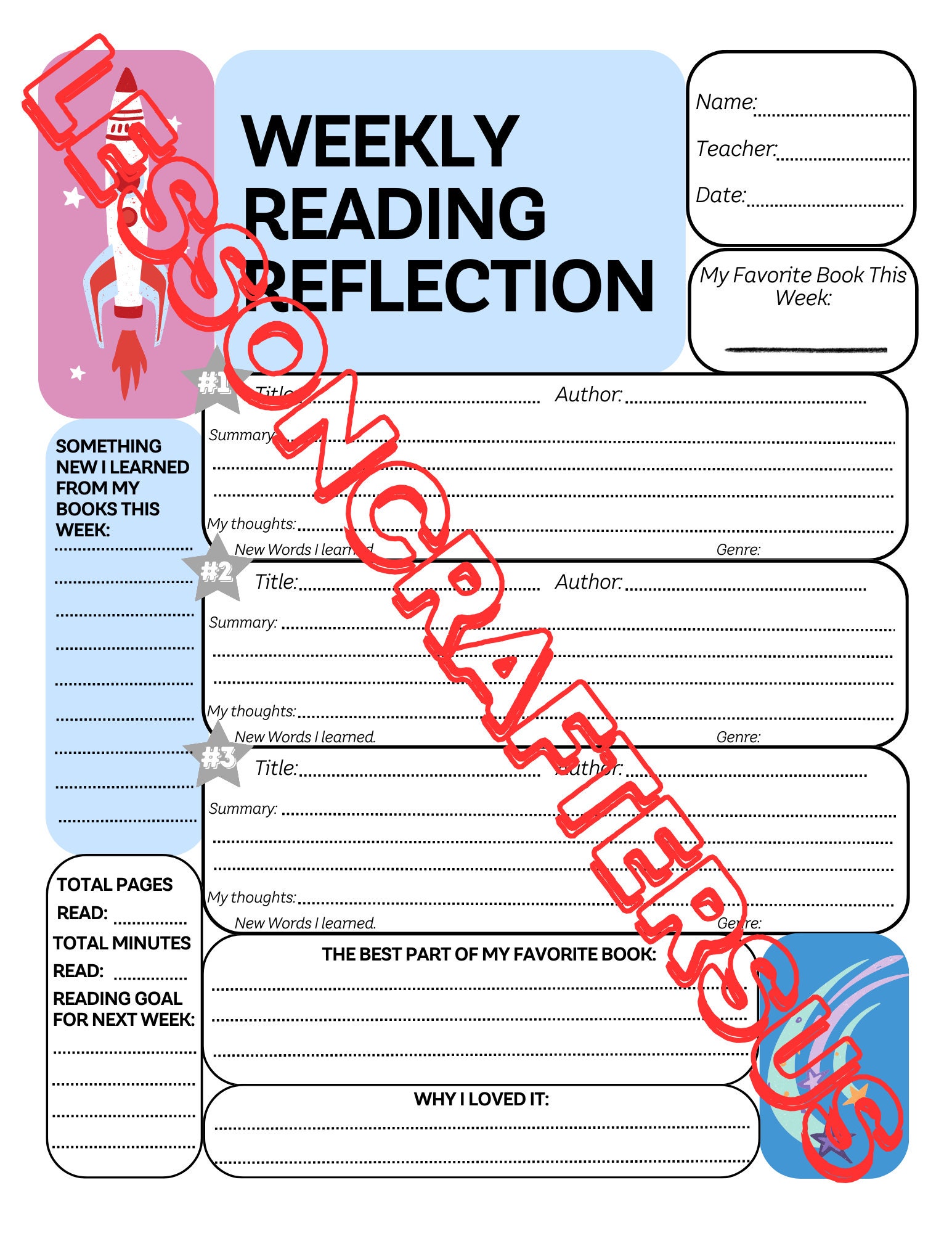 Printable Reading Log & Tracker - Weekly Reflection Journal Entries ...