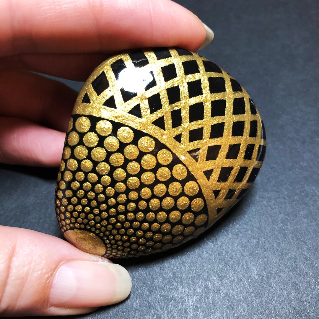 Gold and Black Lattice Vortex, Elegant Dot Art Mandala Stone, Small ...