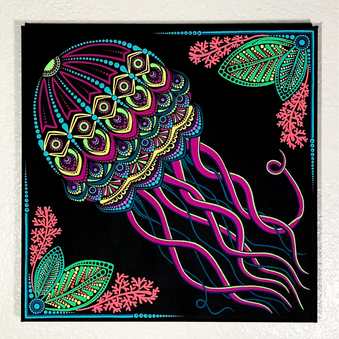 Neon Jellyfish Dot Art Mandala Painting, UV Blacklight Reactive, 12x12 ...