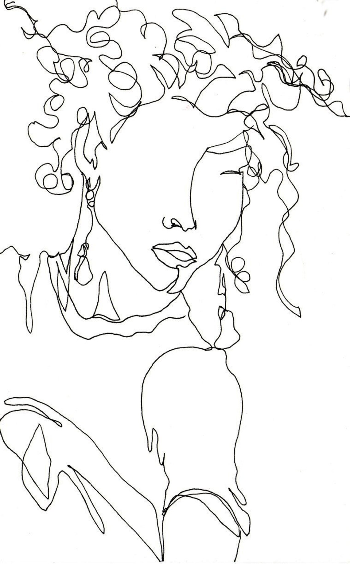 Art Pen and Ink Drawing Winking Woman With Curly Hair - Etsy