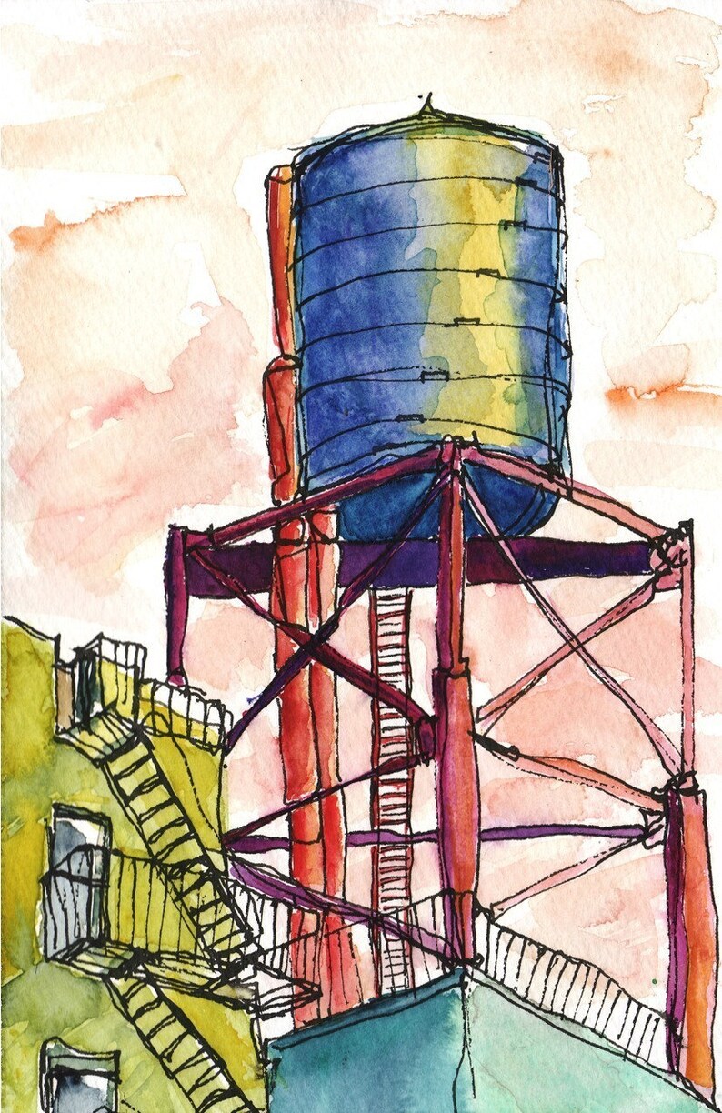Art Painting Watercolor NYC Water Tower Fire Escape Rooftop Skyline ...