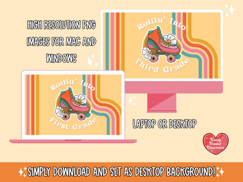 Groovy Rainbow Teacher Desktop Wallpaper, Retro Colorful Roller Skates ...