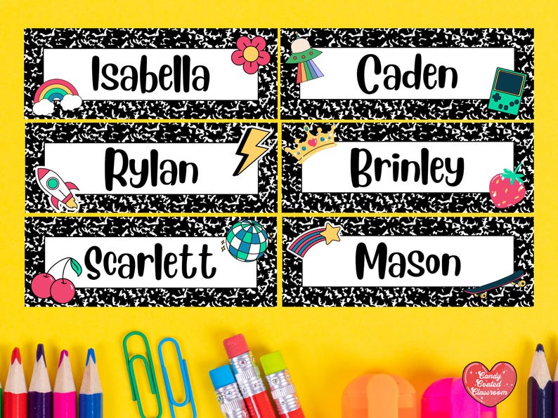 Colorful Desk Name Plates, Composition Notebook School Labels ...