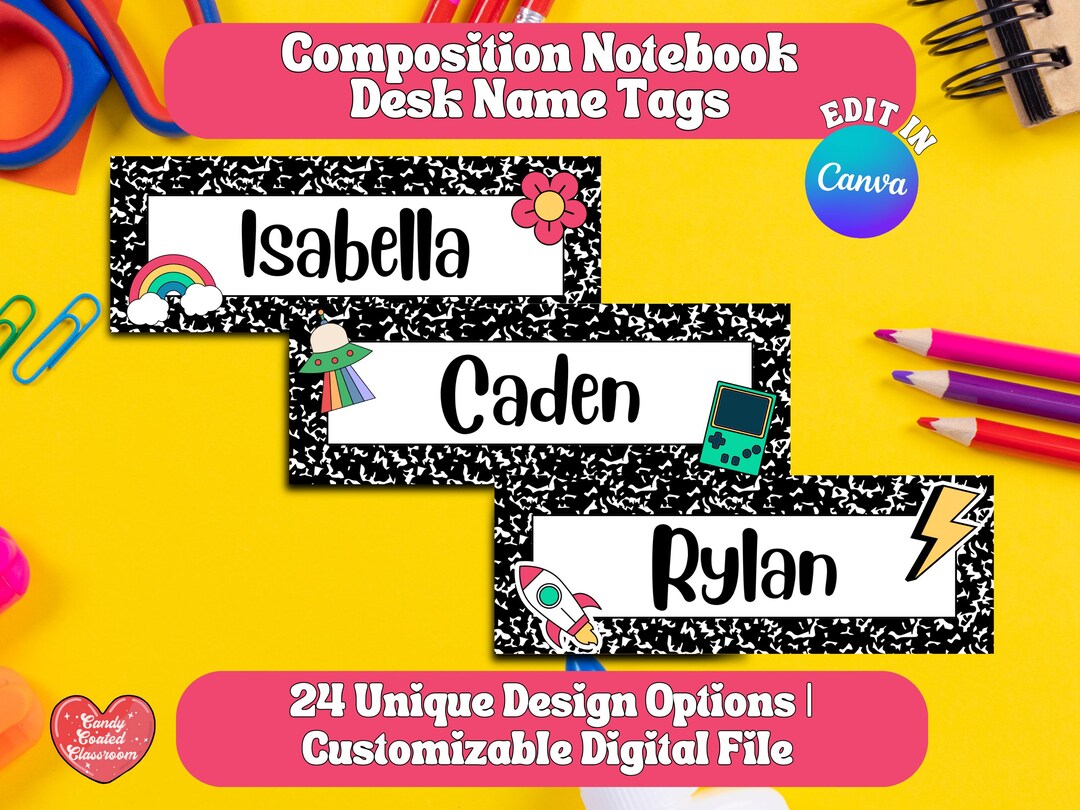 Colorful Desk Name Plates, Composition Notebook School Labels ...