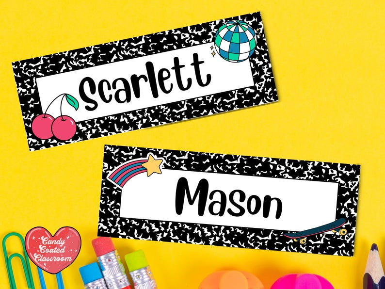 Colorful Desk Name Plates, Composition Notebook School Labels ...