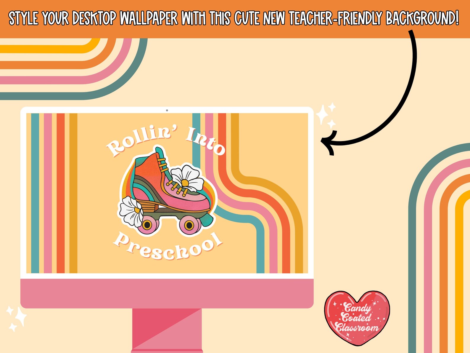 Groovy Rainbow Teacher Desktop Wallpaper, Retro Colorful Roller Skates ...