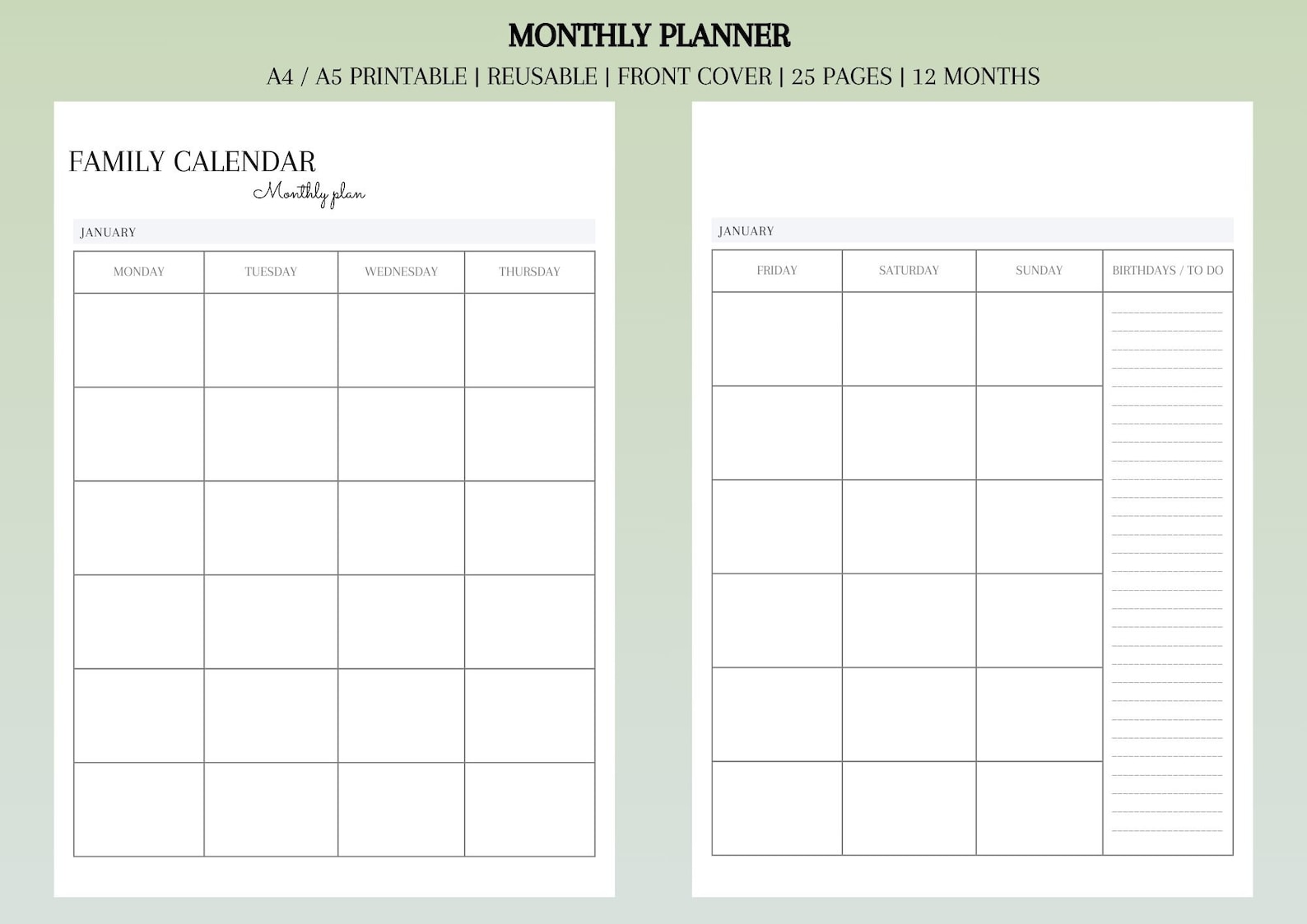 Monthly Planner Page Printable Template, Undated, Over 2 Pages, Front ...