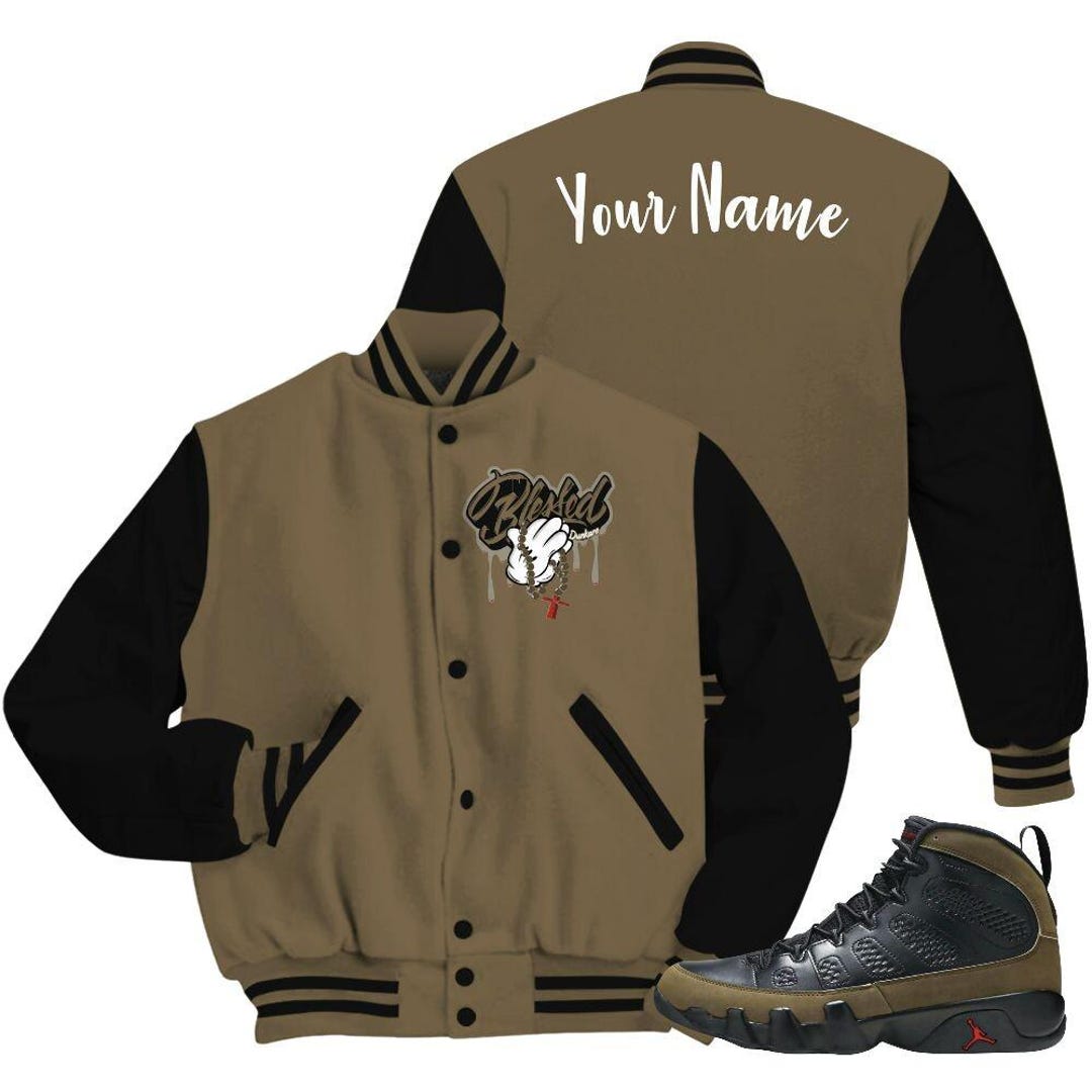 Olive 9s Varsity Jacket, Custom Name God Blessed Drip All Over Print ...