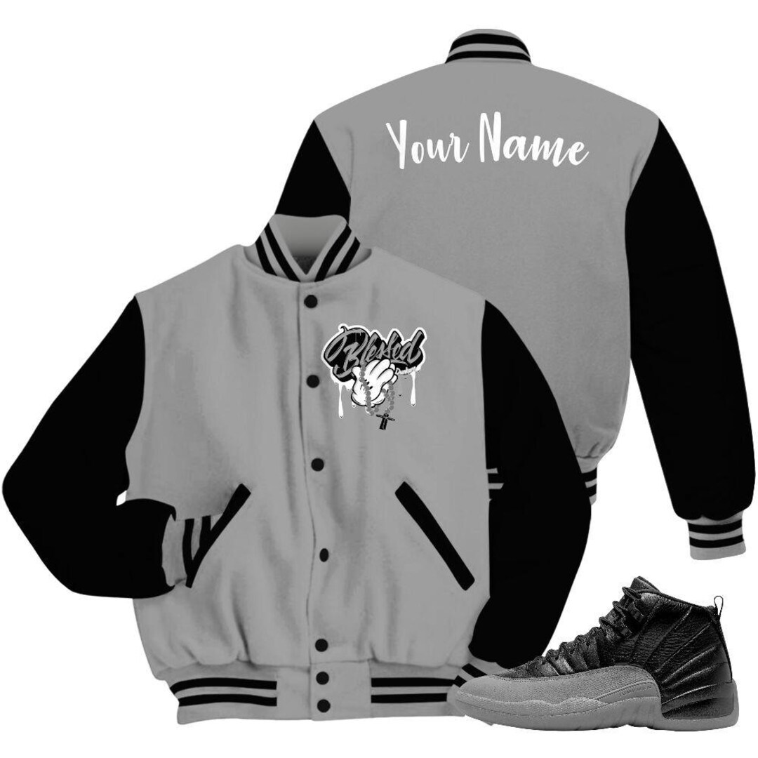 Black Wolf Grey 12s Varsity Jacket, Custom Name God Blessed Drip All ...