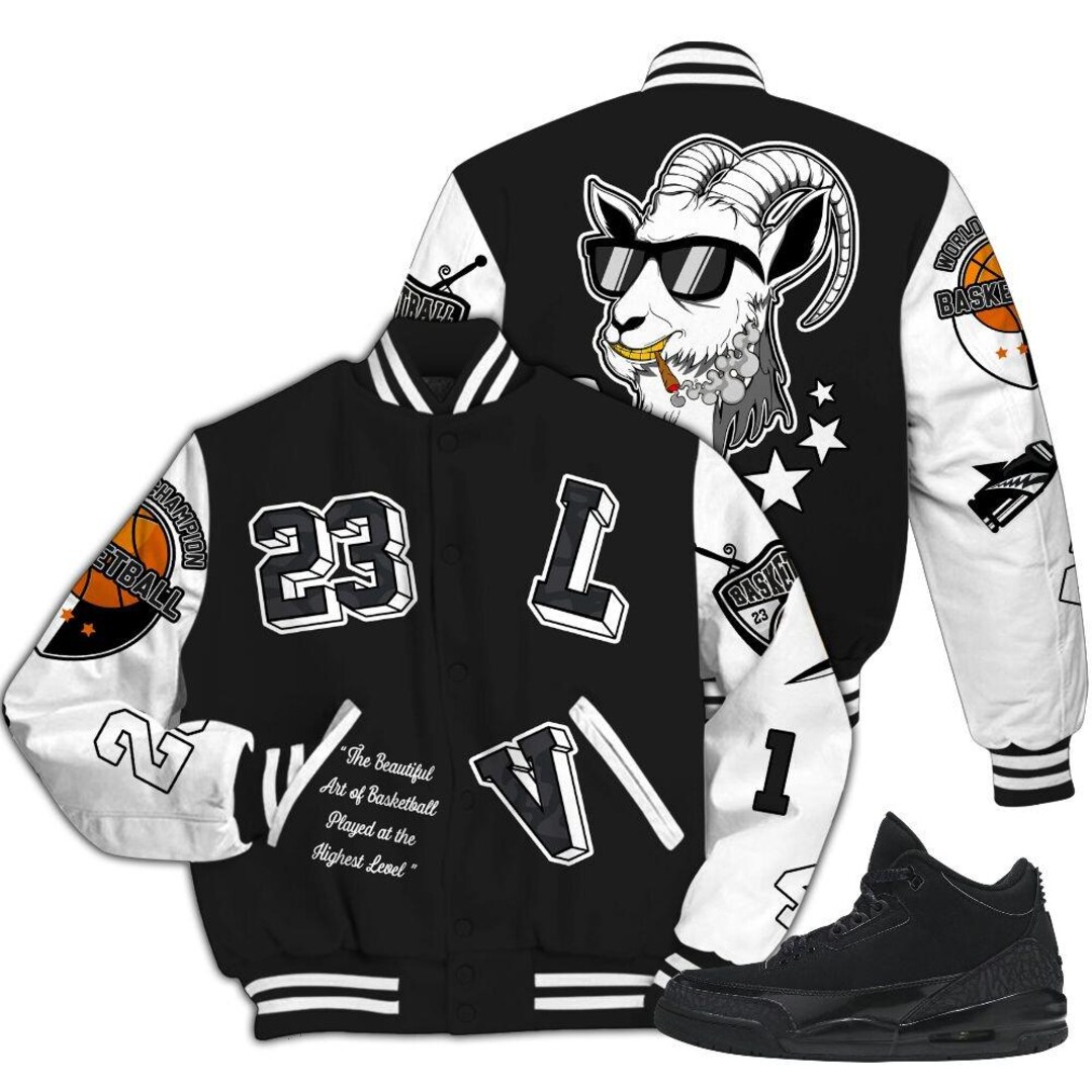 Black Cat 3s Varsity Jacket, the GOAT Got Em Streetwear All Over Print ...