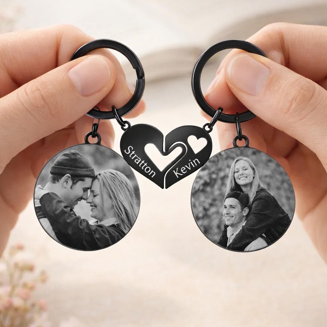 Personalized Couple Photo Matching Keychains, Engraved Heart Keychain ...
