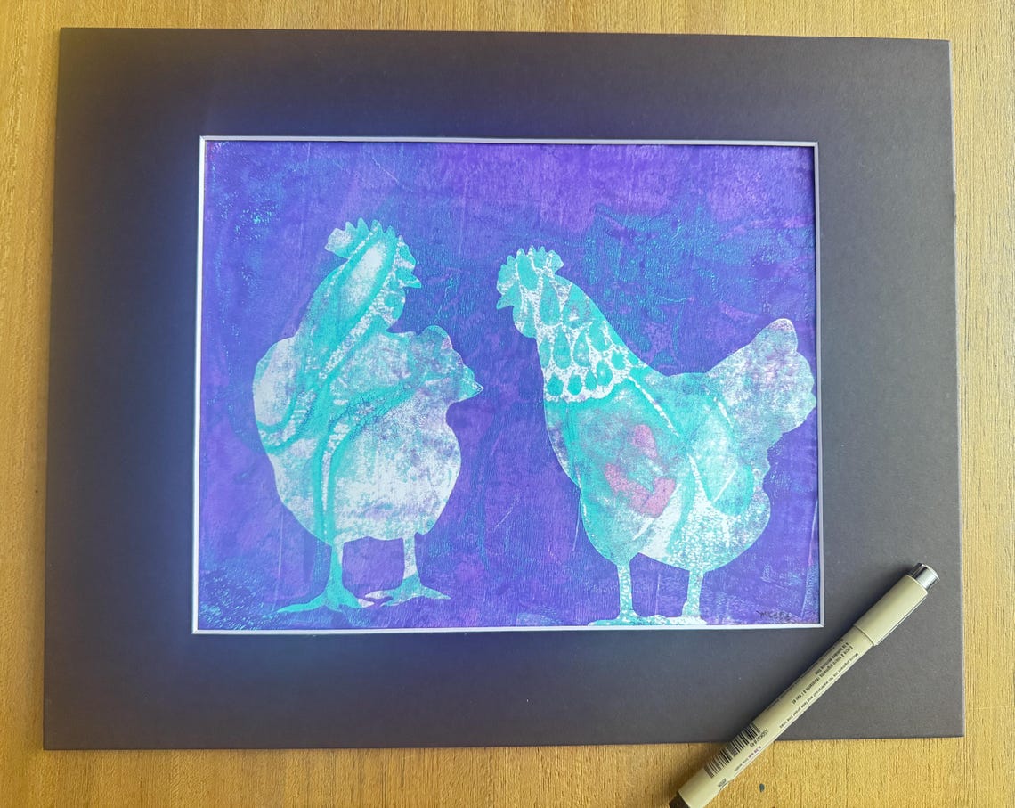 Two Happy Chickens - 14"x11" Mono Print With Mat - Etsy