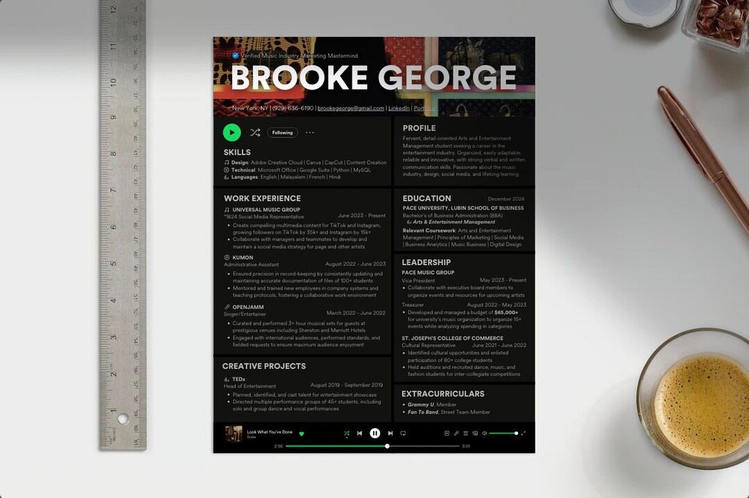 Resume Template Creative Music Industry Spotify Themed - Etsy