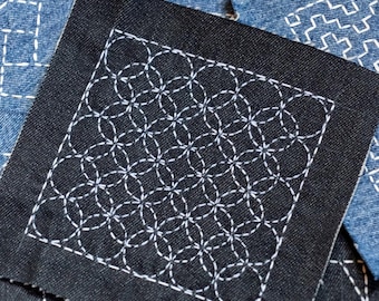 Sashiko Patch, Hand Embroidered Design in Black on Blue Denim, Sew on ...