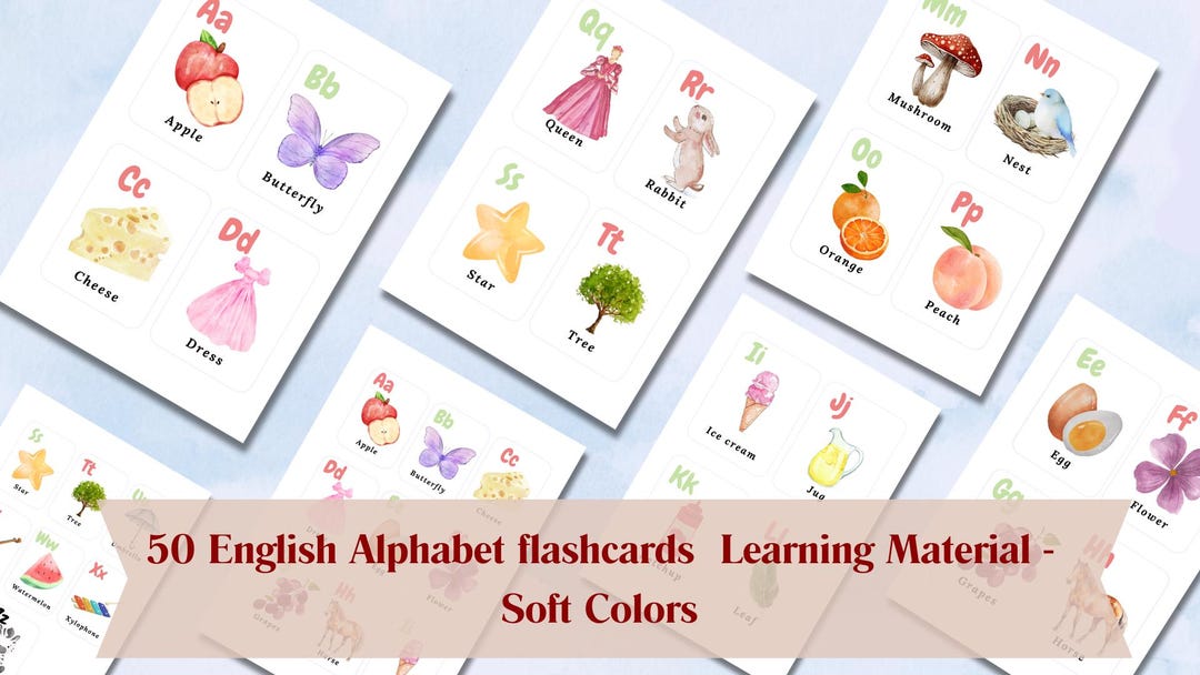 50 English Alphabet Flashcards Learning Material - Soft Colors - Etsy