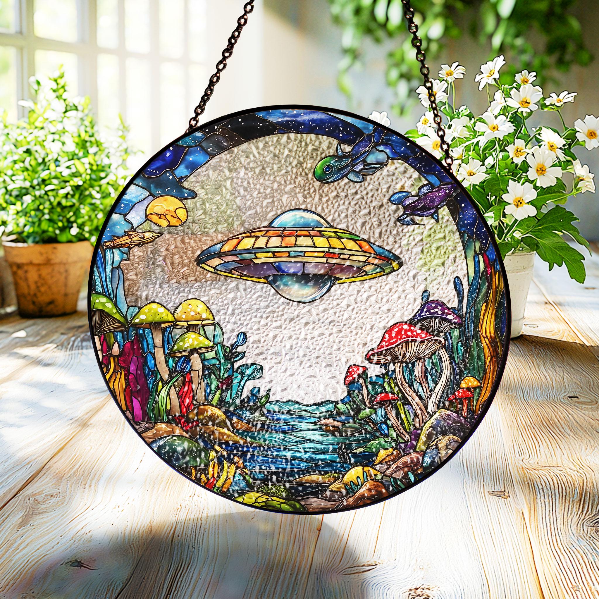 UFO Alien Stained Glass Decor Suncatcher UFO Window Hanging Wall Decor ...