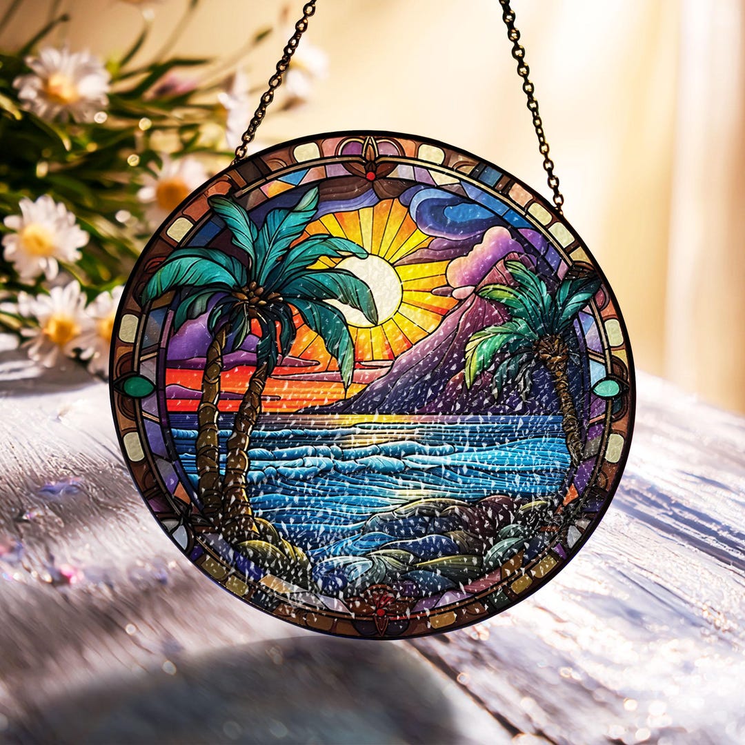 Beach Sunrise Stained Glass, Beach Glass Window Hangings, Beach Sunset ...