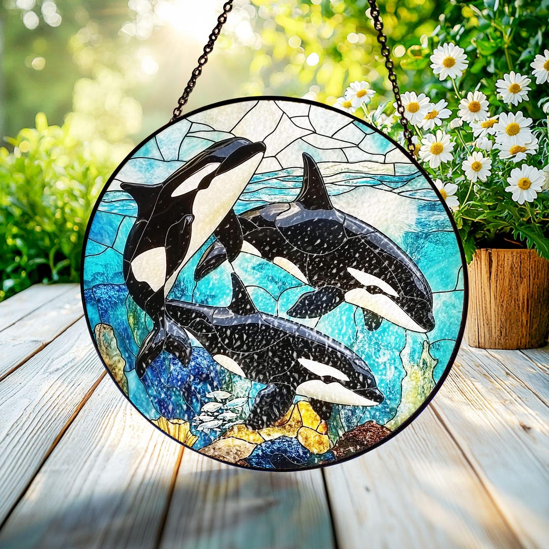 Orca Stained Glass Killer Whale Suncatcher Ocean Art Light Catcher ...