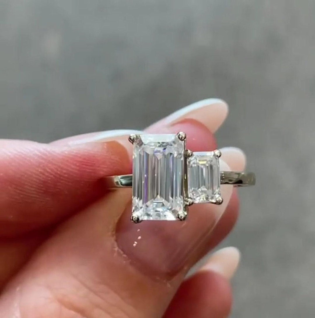 Double Emerald Moissanite Ring, Two Stone Engagement Ring, Toi et Moi ...