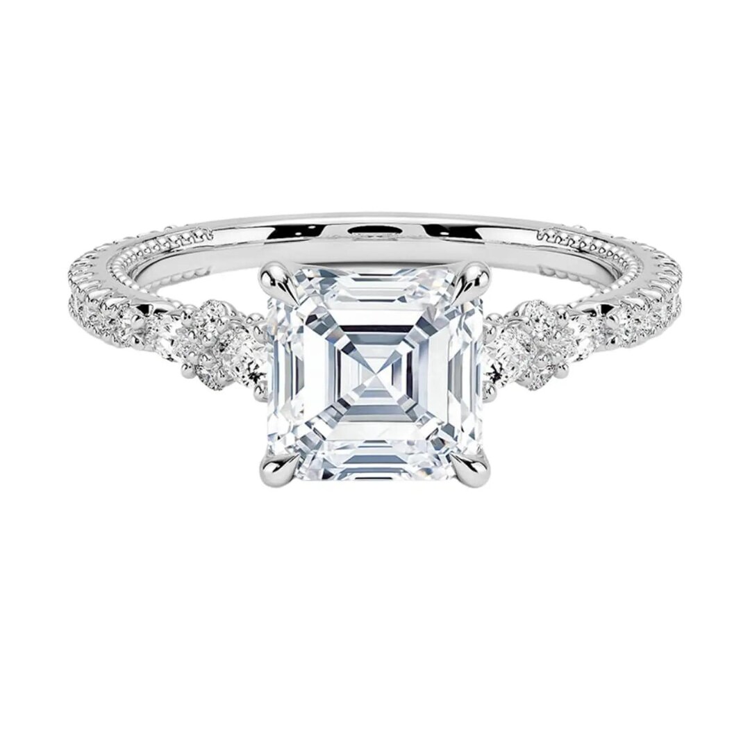 Asscher Cut Moissanite Ring, Milgrain Set Filigree Ring, Art Deco ...