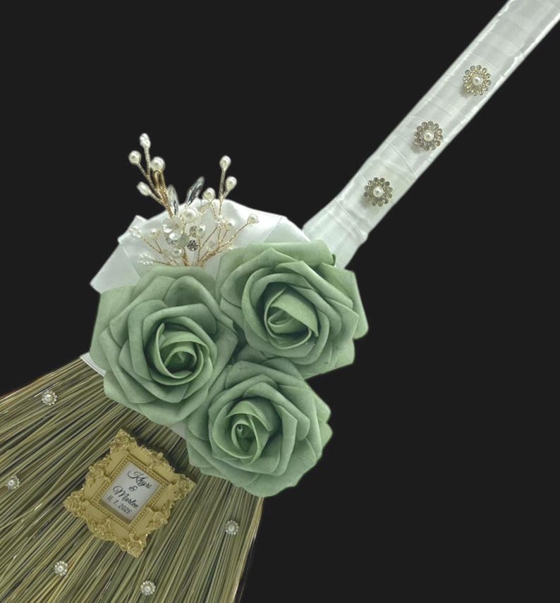 Custom Sage Green Wedding Jumping Broom: White Ribbon, Personalized ...