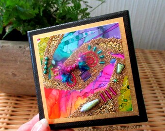 Original Mixed-media Microbead Collage on 3 X 3 Canvas, Floral Themed ...