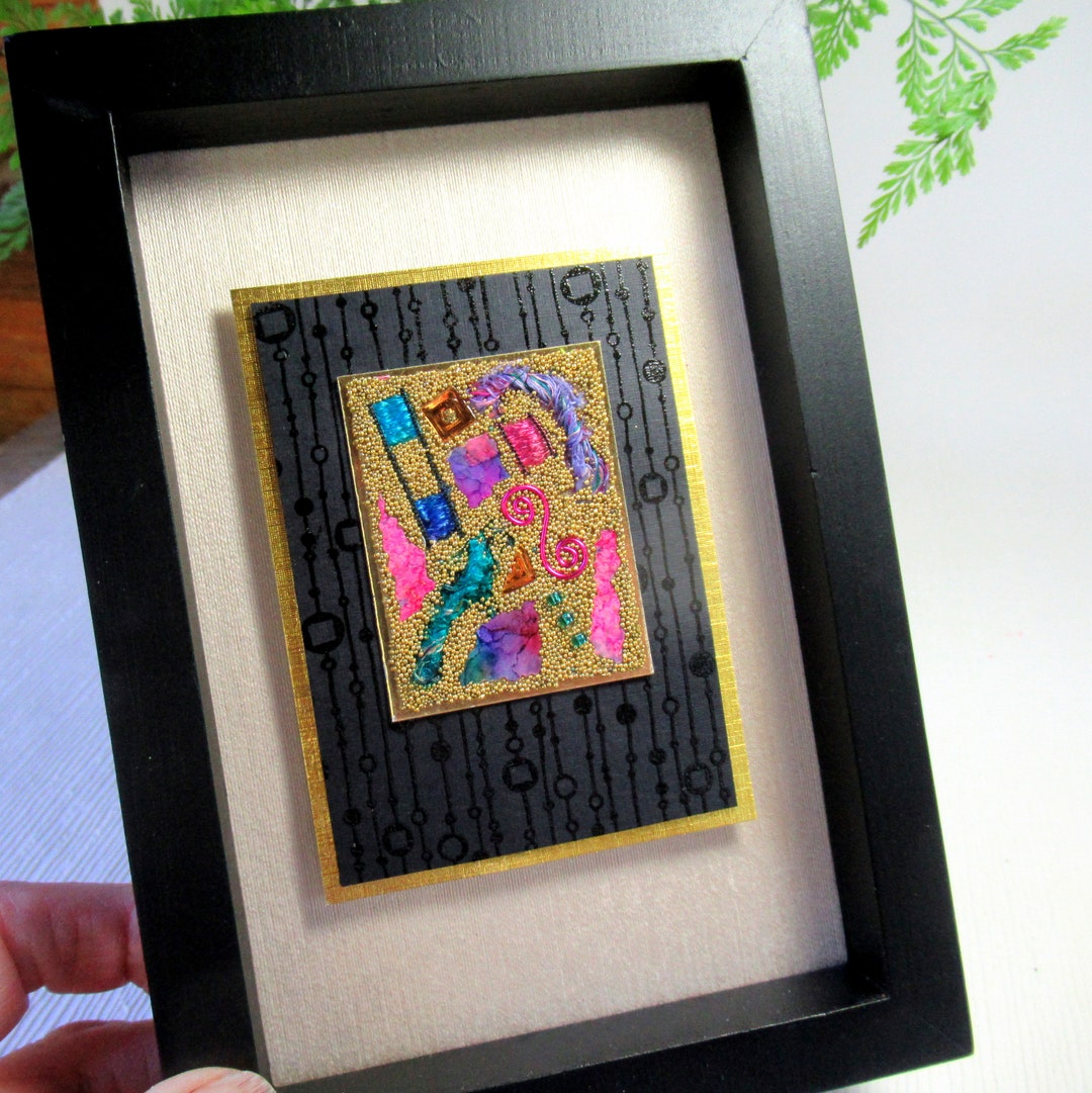 Framed Mixed Media Art Card - Abstract Microbead Collage Original ...