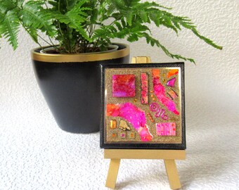 Original Mixed-media Microbead Collage on 3 X 3 Canvas, Floral Themed ...