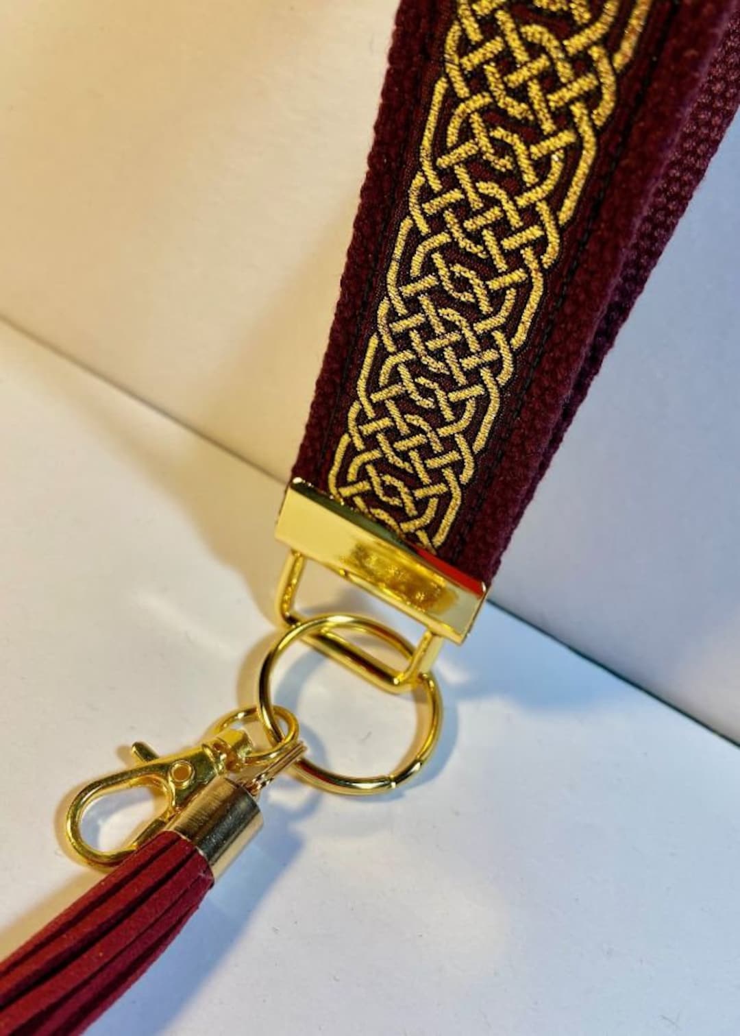 Burgundy & Metallic Gold Celtic Pattern Jacquard Trimmed Key Wristlet W ...