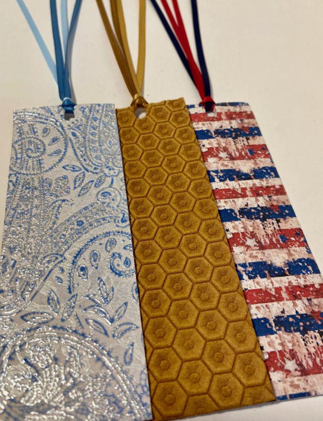 Set of 3 LEATHER Bookmarks,embossed, Printed W/2-color Satin Tails - Etsy