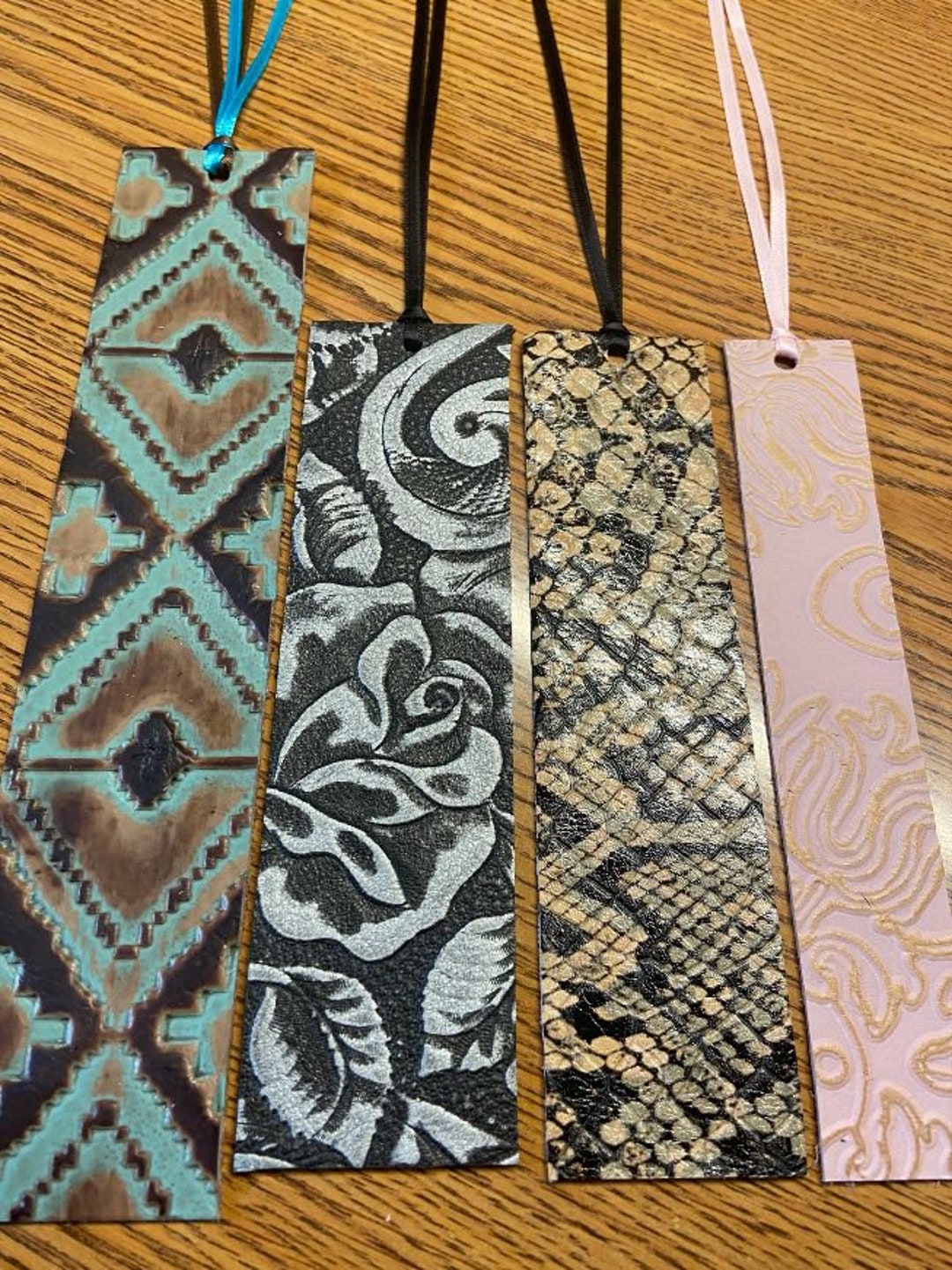 Set of 4 Embossed Genuine LEATHER Long Bookmarks, Mixed Colors/patterns ...