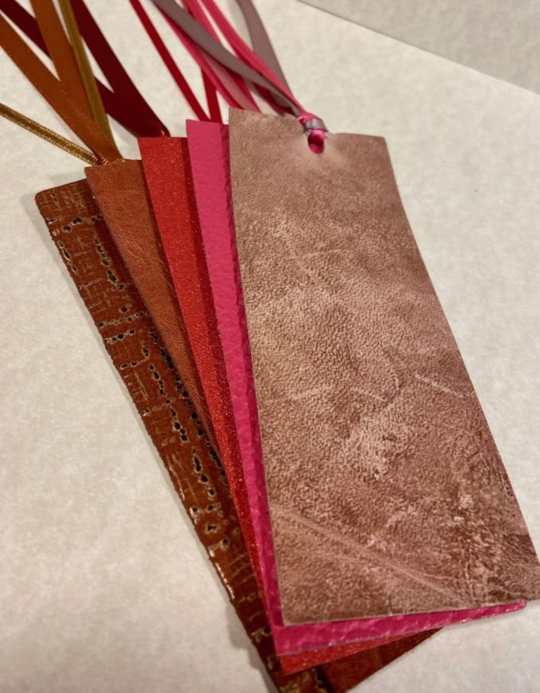 5 Pc Genuine Leather Bookmarks Set,red & Pink Tones W/satin Ribbon ...