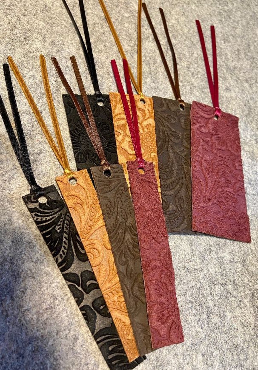 Set of 8 Embossed Cowhide Suede Leather Bookmarks W/satin Ribbon Tails ...