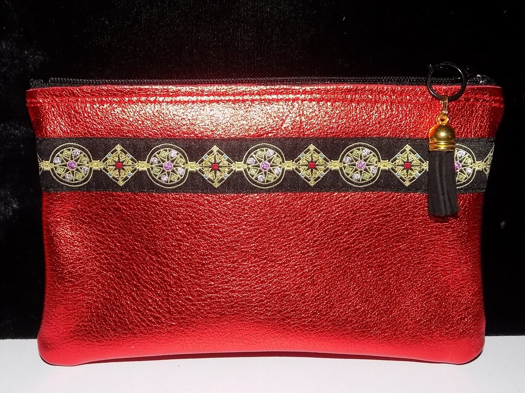 Metallic Red LEATHER Zip Clutch Bag W/jacquard Trim - Etsy