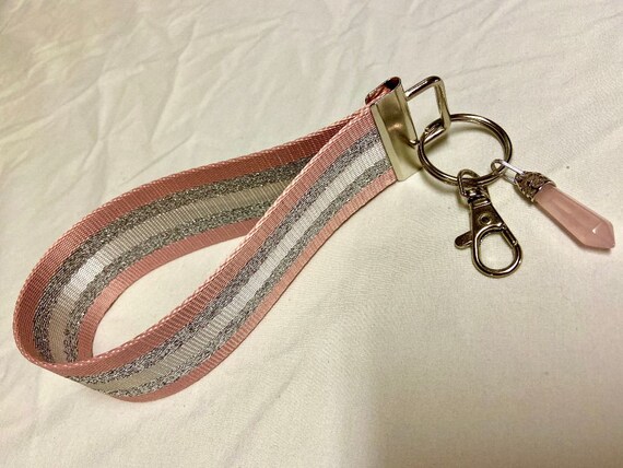 Pink & Metallic Silver Key Wristlet W/rose Quartz Drop and - Etsy