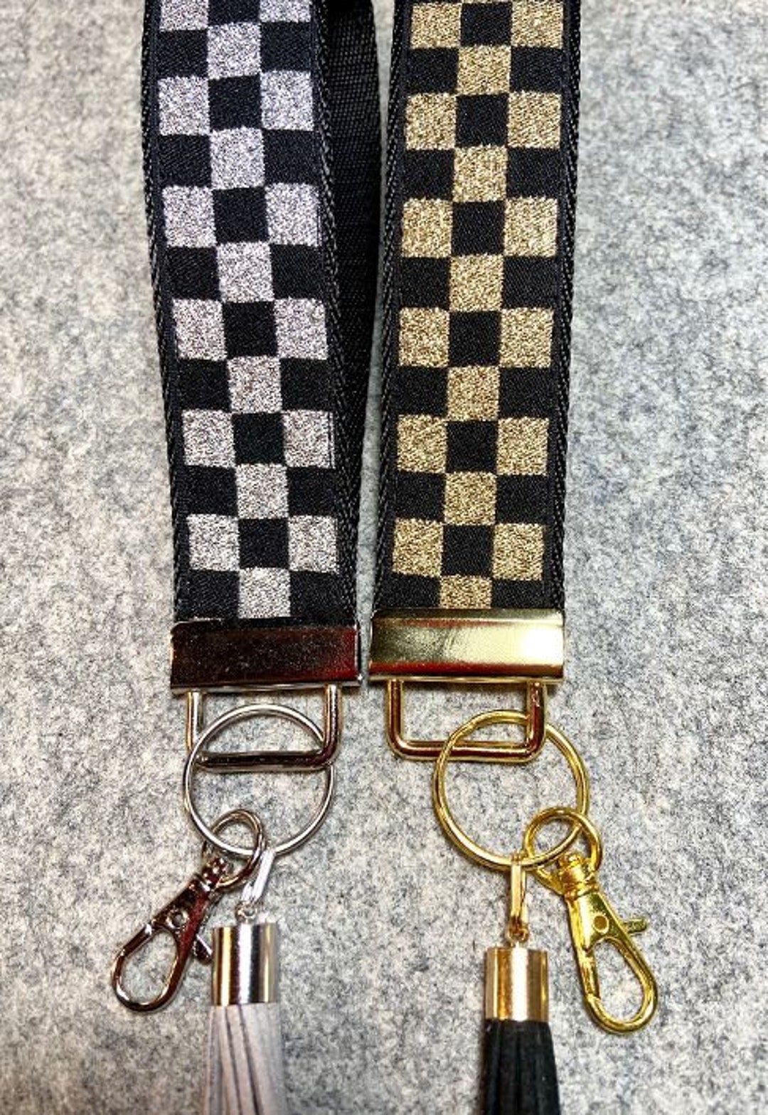 2 Metallic Checkered Jacquard Key Wristlet's,1 Silver & 1 Gold W ...