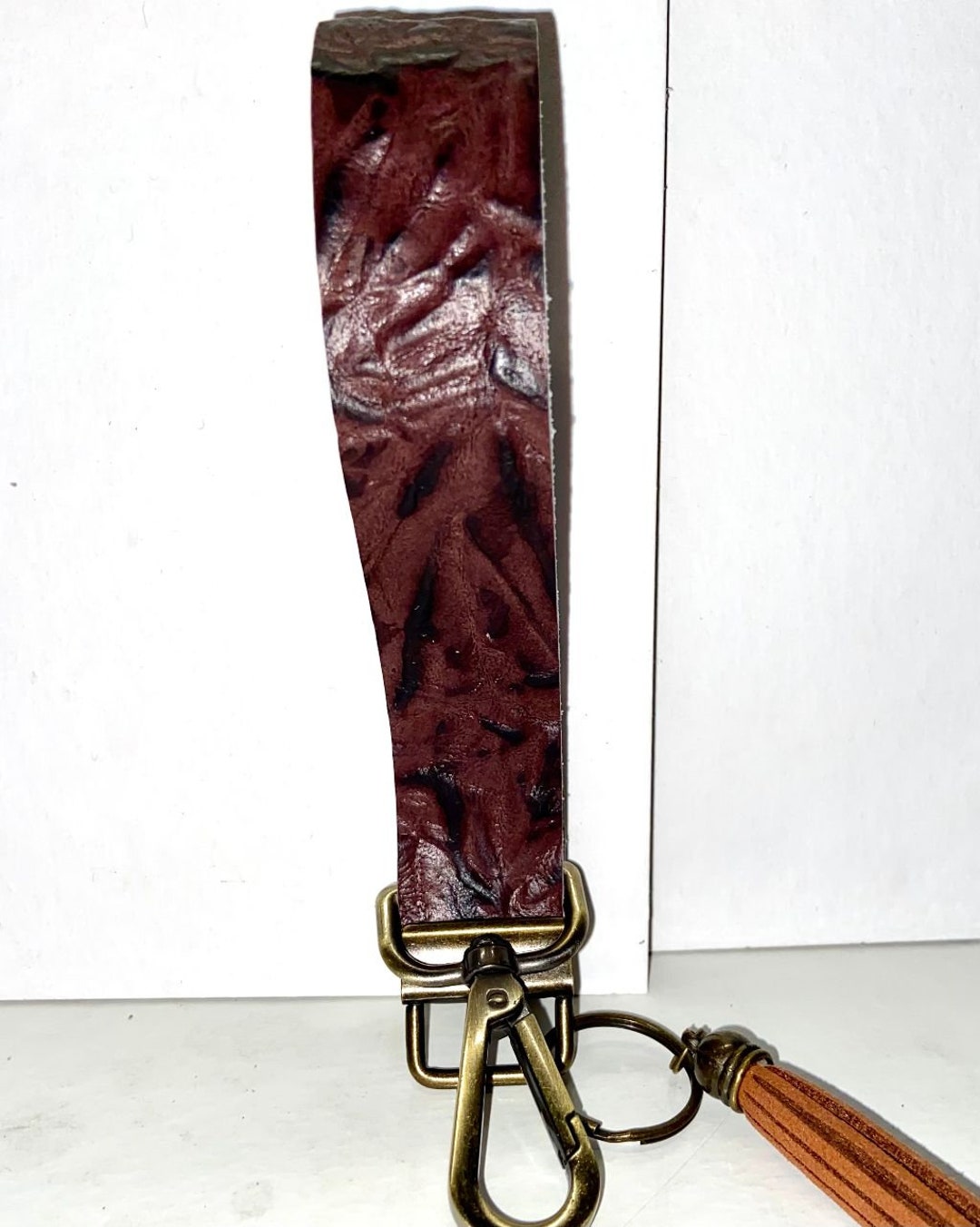 Embossed Texture Dark Brown Leather Key Wristlet W/swivel Hook & Tassel ...