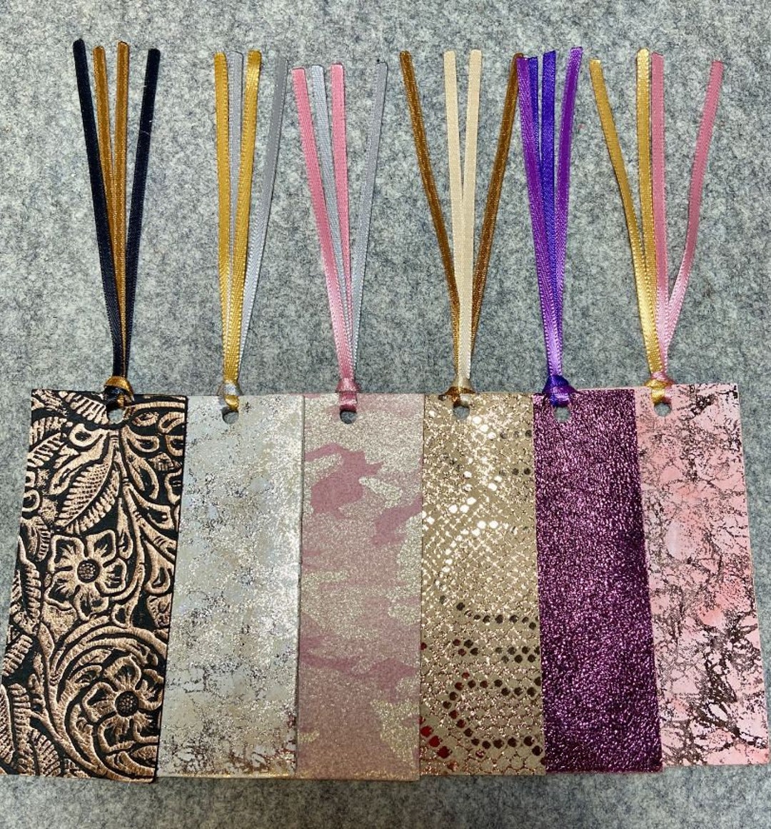 Set of 6 Shimmer Premium LEATHER Bookmarks W/2 Color Satin Ribbon Tails ...