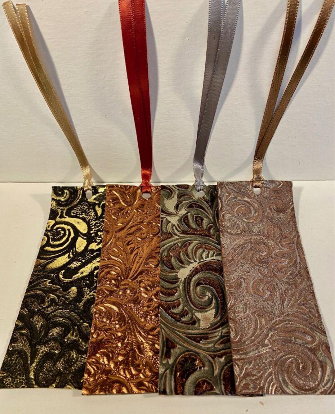 4 Pc Set of Metallics & Embossed Fancy LEATHER BOOKMARKS W/satin Tails ...