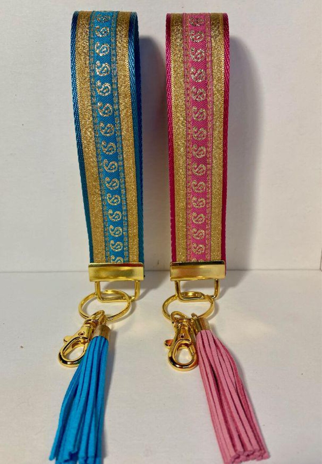Set of Two, 3-layer Sparkle Key Wristlets,1 Aqua & 1 Pink W/tassels and ...