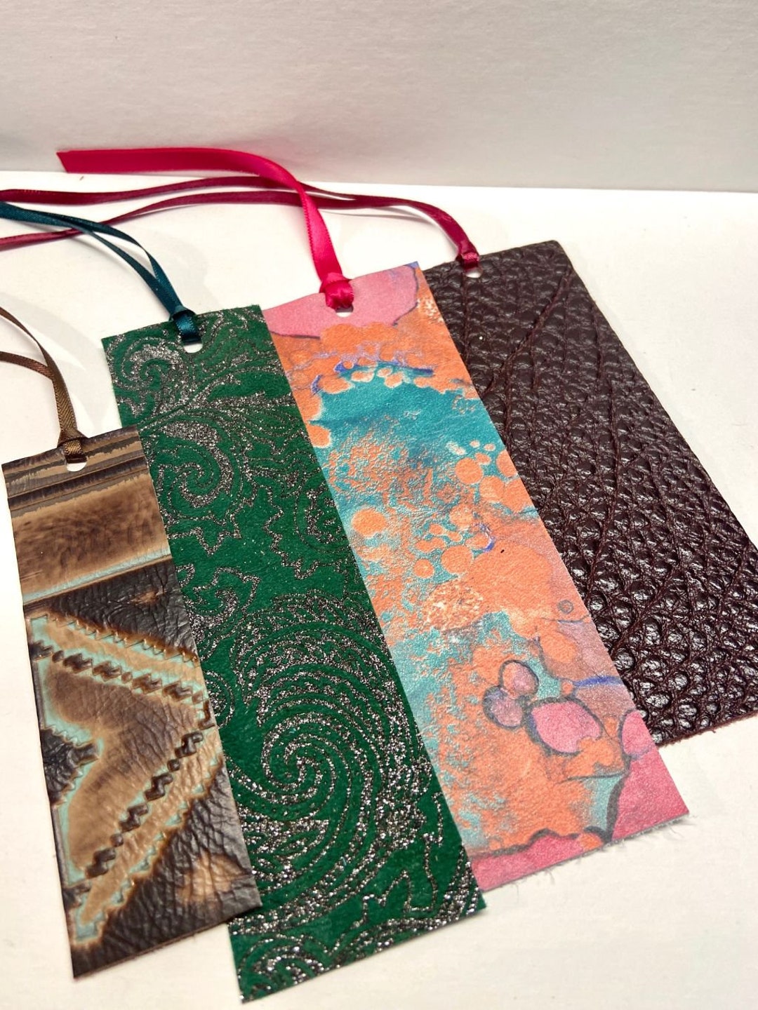 4 Pk Mixed Color/texture Genuine LEATHER Bookmarks With Ribbon Tails - Etsy