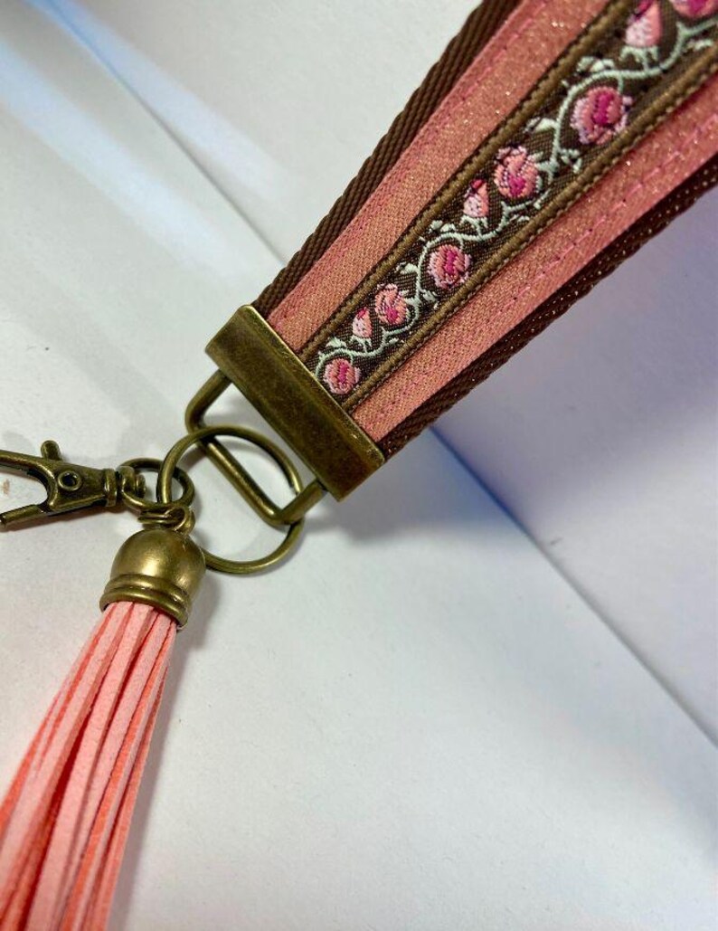 Peachy Pink & Brown 3 Layer Sparkle Key Wristlet W/tassel and Snap Hook ...