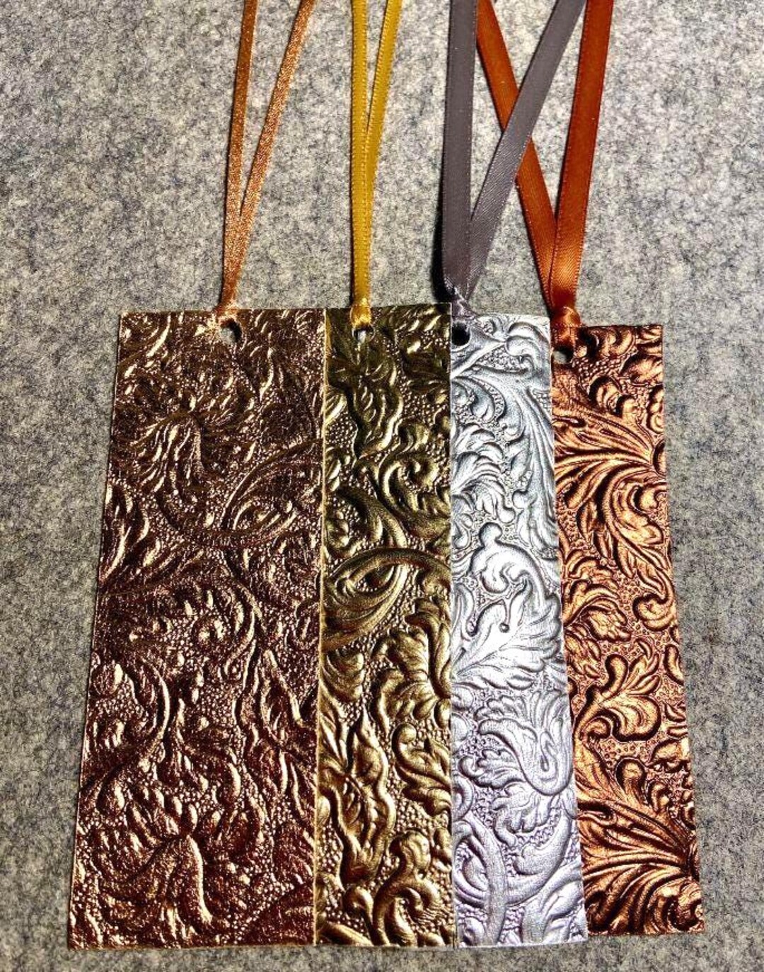 Set of 4 Embossed Metallic LEATHER Bookmarks W/satin Ribbon Tails - Etsy