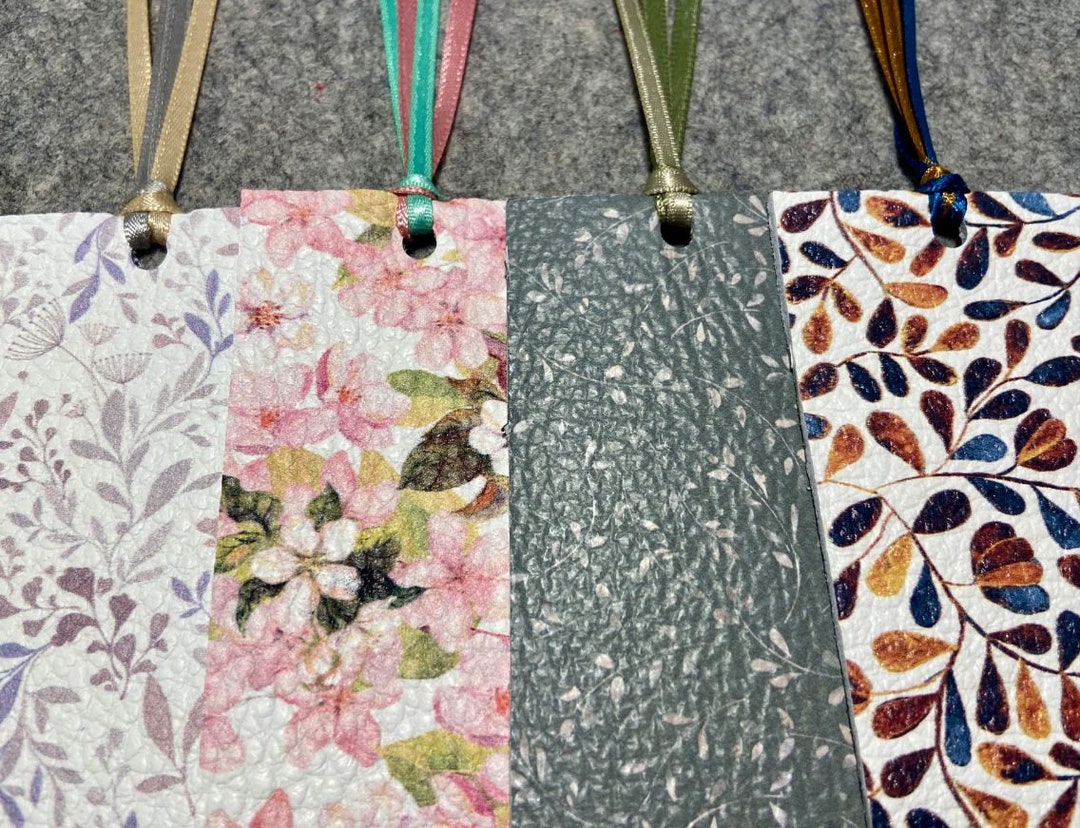 Set of 4-seasons Print Leather Bookmarks W/two Color Satin Ribbon Tails ...