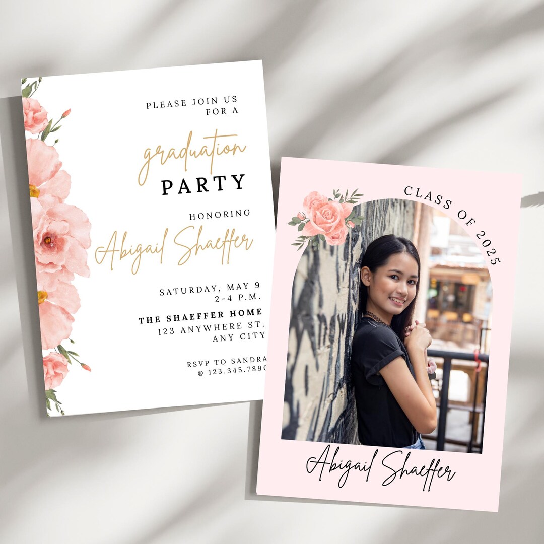 Floral Graduation Invitations, Pink Graduation Invitation Editable ...