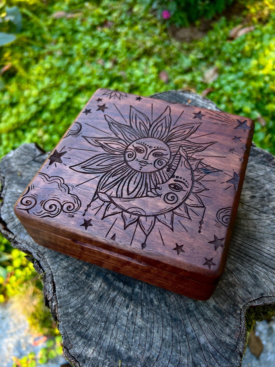 Walnut Sun & Moon Jewelry Box – 5x5in With Blue Velvet Lining - Etsy
