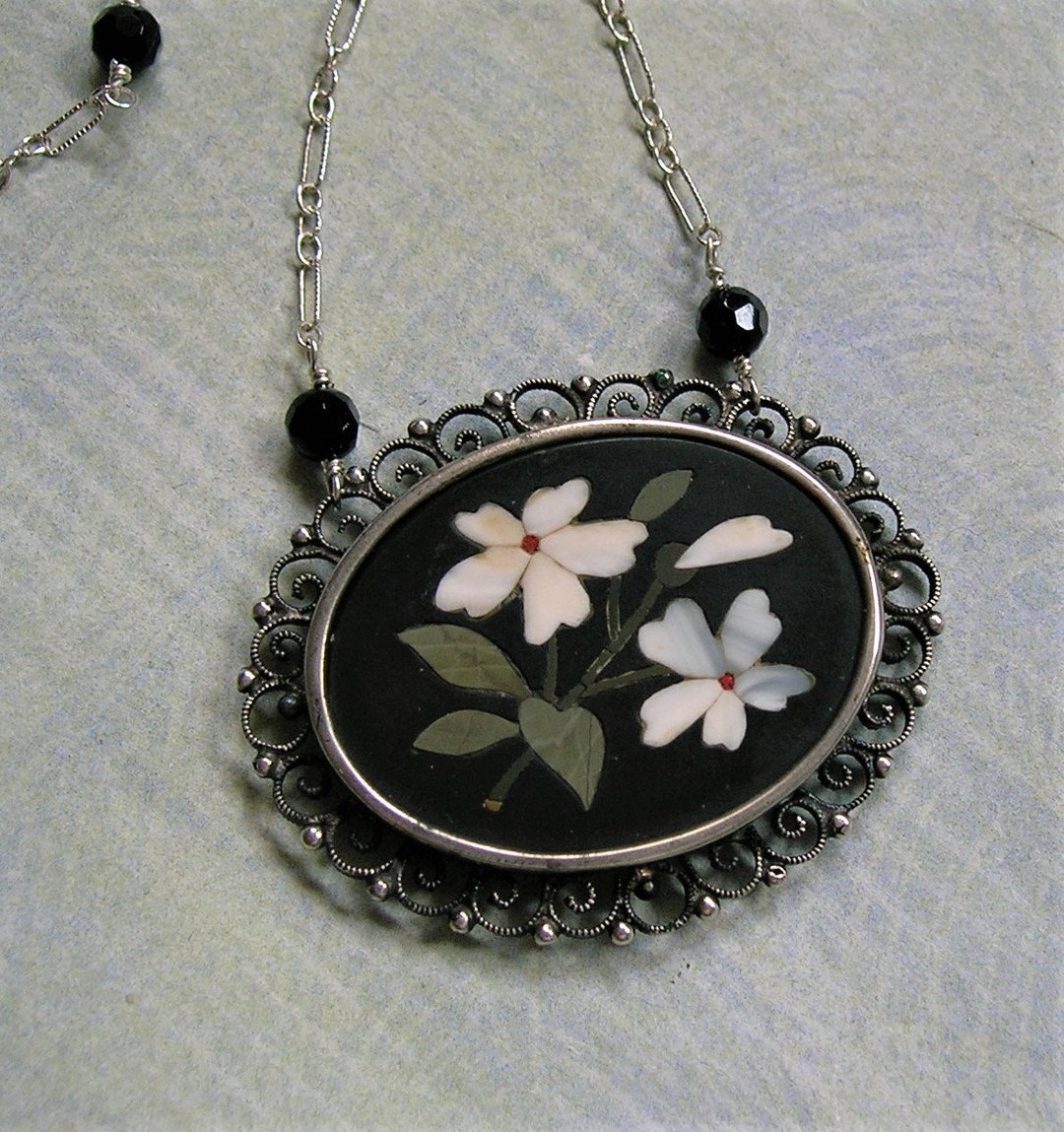 Antique Pietra Dura Necklace Wire-wrapped With Black Spinel Gemstones ...