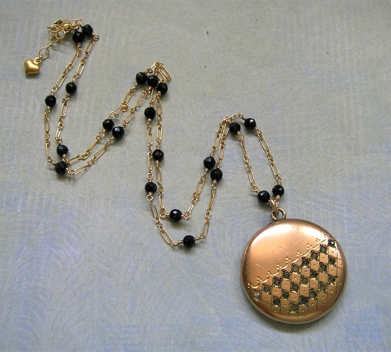 Antique Edwardian Gold Filled Locket Necklace Wire Wrapped With Black ...
