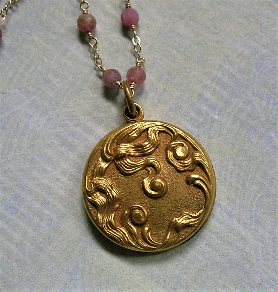 Antique Art Nouveau Sliding Locket Necklace Wire Wrapped With Pink ...